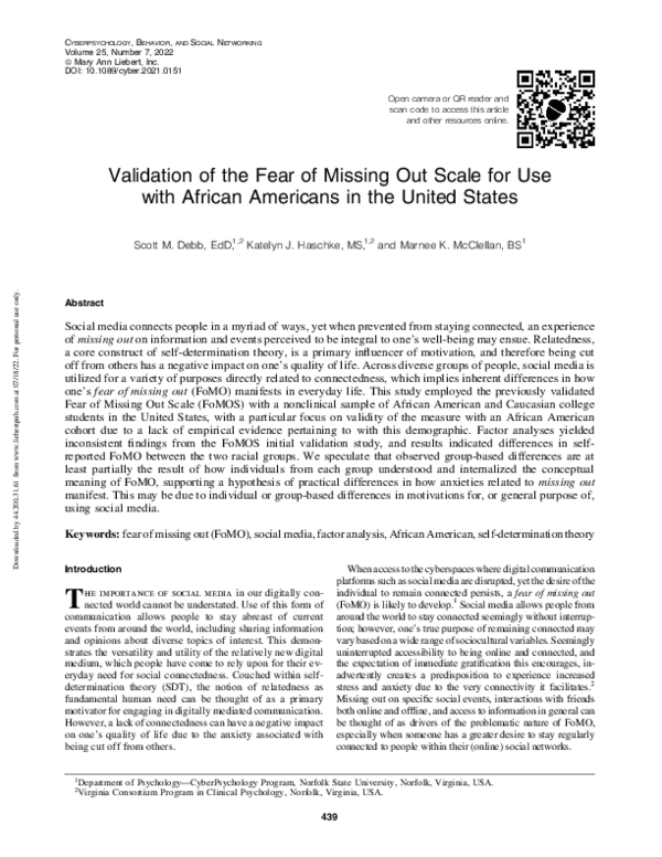 (PDF) Validation of the Fear of Missing Out Scale for Use with African ...