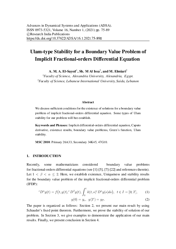 (PDF) Ulam-type Stability for a Boundary Value Problem of Implicit Fractional-orders ...