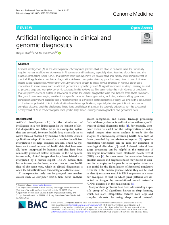 (PDF) Artificial intelligence in clinical and genomic diagnostics