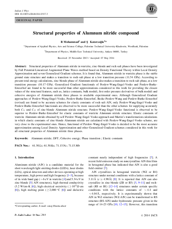 (PDF) Structural properties of Alumnum nitride compound