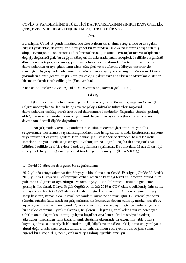 (DOC) COVİD 19 PANDEMİSİNDE TÜKETİCİ DAVRANIŞLARININ SINIRLI ...