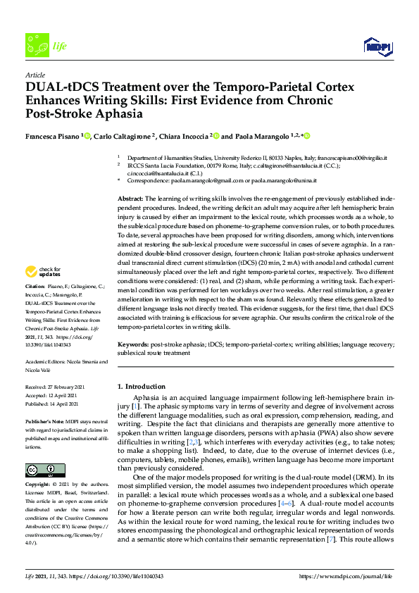 (PDF) DUAL-tDCS Treatment over the Temporo-Parietal Cortex Enhances Writing Skills: First ...