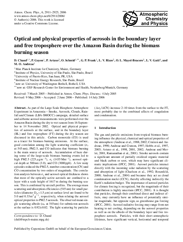 (PDF) Optical and physical properties of aerosols in the boundary layer and free troposphere ...