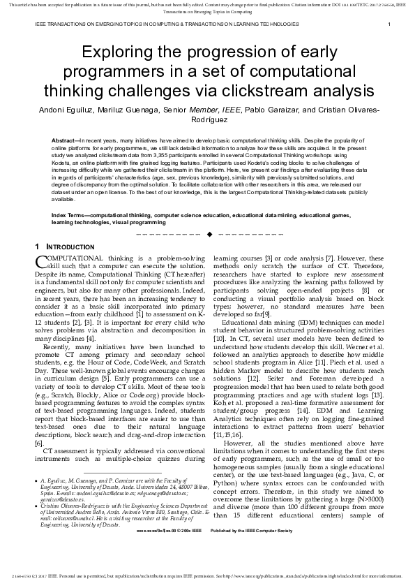 Pdf Exploring The Progression Of Early Programmers In A Set Of Computational Thinking 8370