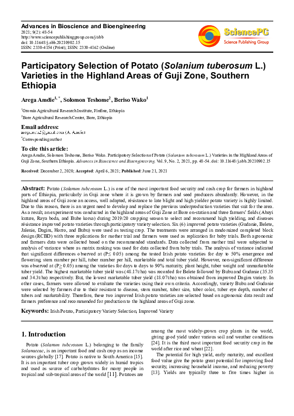 (PDF) Participatory Selection of Potato (Solanium tuberosum L ...