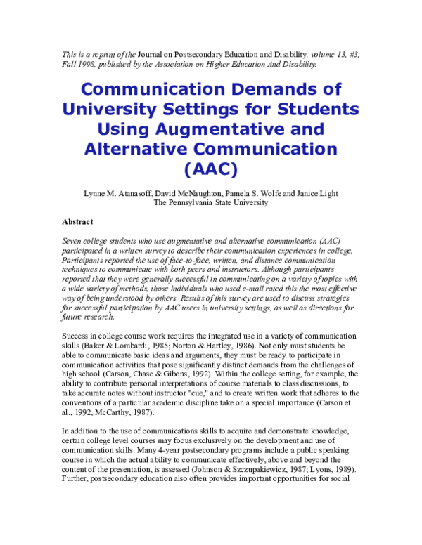 (DOC) Communication demands of university settings for students using ...