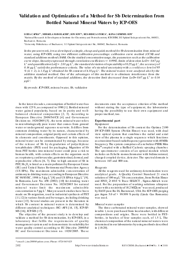 (PDF) Validation and Optimization of a Method for Sb Determination from Bottled Natural Mineral ...
