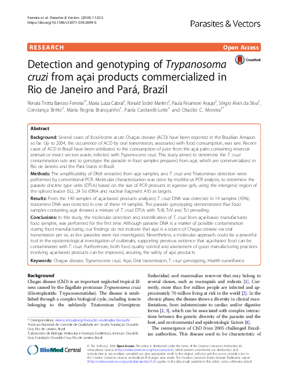 (PDF) Detection and genotyping of Trypanosoma cruzi from açai products ...