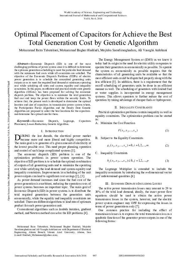 (PDF) Optimal Placement Of Capacitors For Achieve The Best Total ...