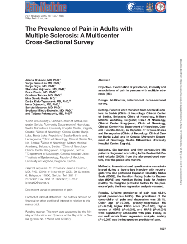 (PDF) The Prevalence of Pain in Adults with Multiple Sclerosis: A Multicenter Cross-Sectional Survey