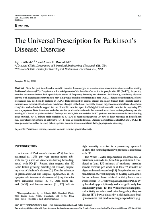 (PDF) The Universal Prescription for Parkinson’s Disease: Exercise