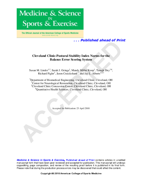 (PDF) Cleveland Clinic Postural Stability Index Norms for the Balance ...