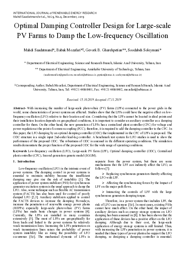 (PDF) Optimal Damping Controller Design for Large-scale PV Farms to Damp the Low-frequency ...