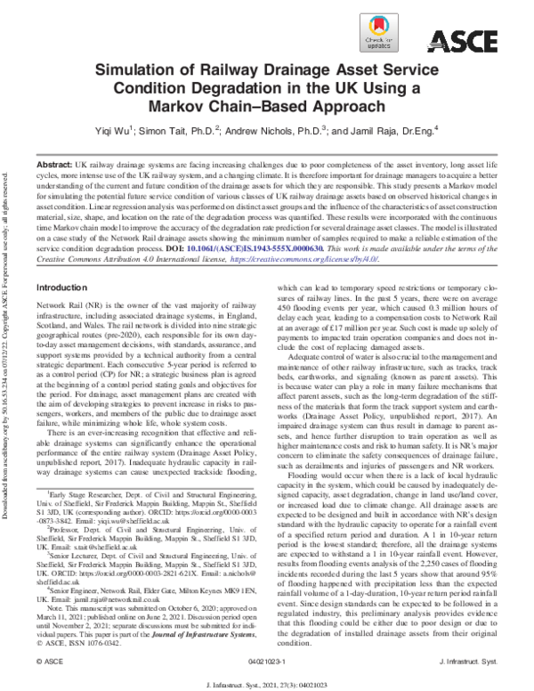 (PDF) Simulation of Railway Drainage Asset Service Condition Degradation in the UK Using a ...