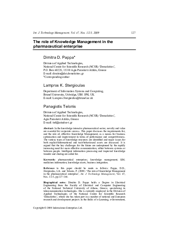 (PDF) The role of Knowledge Management in the pharmaceutical enterprise