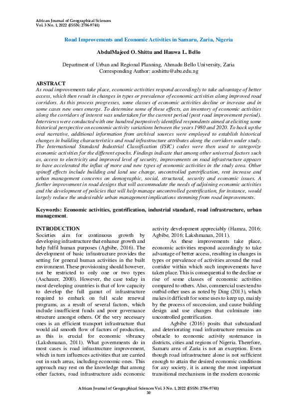 (PDF) Road Improvements and Economic Activities in Samaru, Zaria, Nigeria