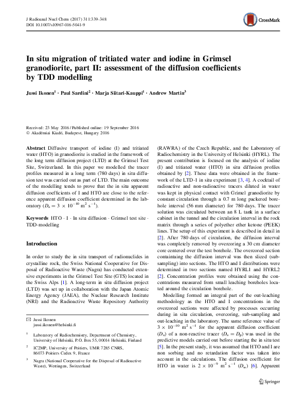 (PDF) In situ migration of tritiated water and iodine in Grimsel granodiorite, part II ...