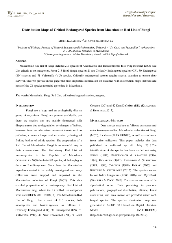 (PDF) Distribution Maps of Critical Endangered Species from Macedonian ...