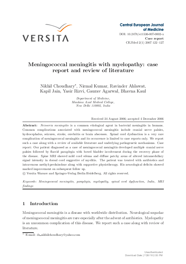 (PDF) Meningococcal meningitis with myelopathy: case report and review of literature
