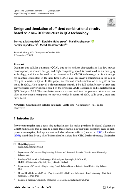 Pdf Design And Simulation Of Efficient Combinational Circuits Based On A New Xor Structure In