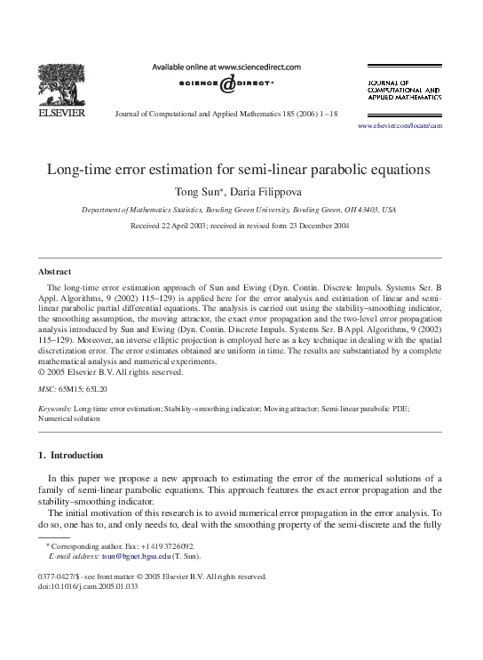 Pdf Long Time Error Estimation For Semi Linear Parabolic Equations
