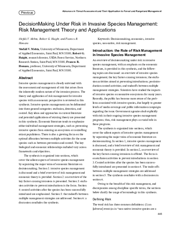 (PDF) Decisionmaking under risk in invasive species management: risk ...