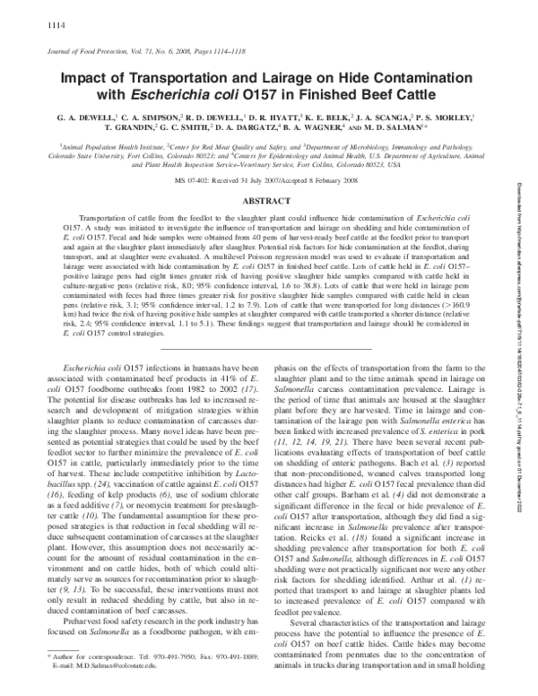 (PDF) Impact of Transportation and Lairage on Hide Contamination with ...