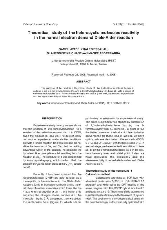 (PDF) Theoretical study of the heterocyclic molecules reactivity in the normal electron demand ...