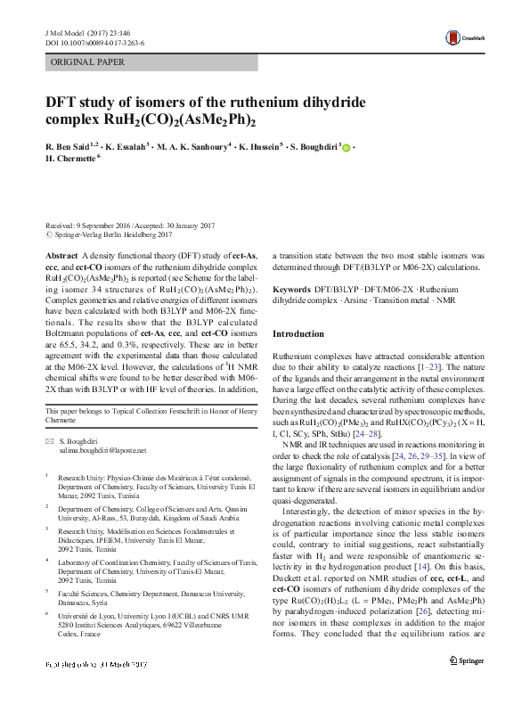 (PDF) DFT study of isomers of the ruthenium dihydride complex RuH2(CO)2(AsMe2Ph)2