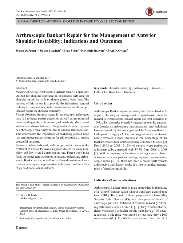 (PDF) Arthroscopic Bankart Repair for the Management of Anterior ...