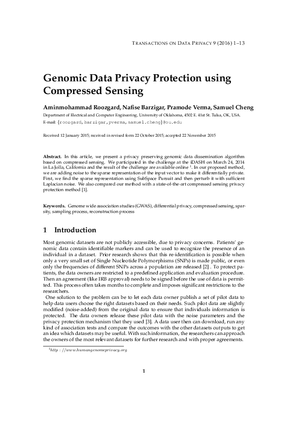(PDF) Genomic Data Privacy Protection using Compressed Sensing