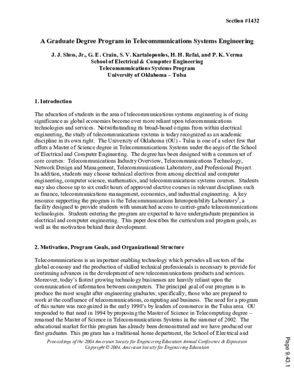 (PDF) A Graduate Degree Program In Telecommunications Systems Engineering