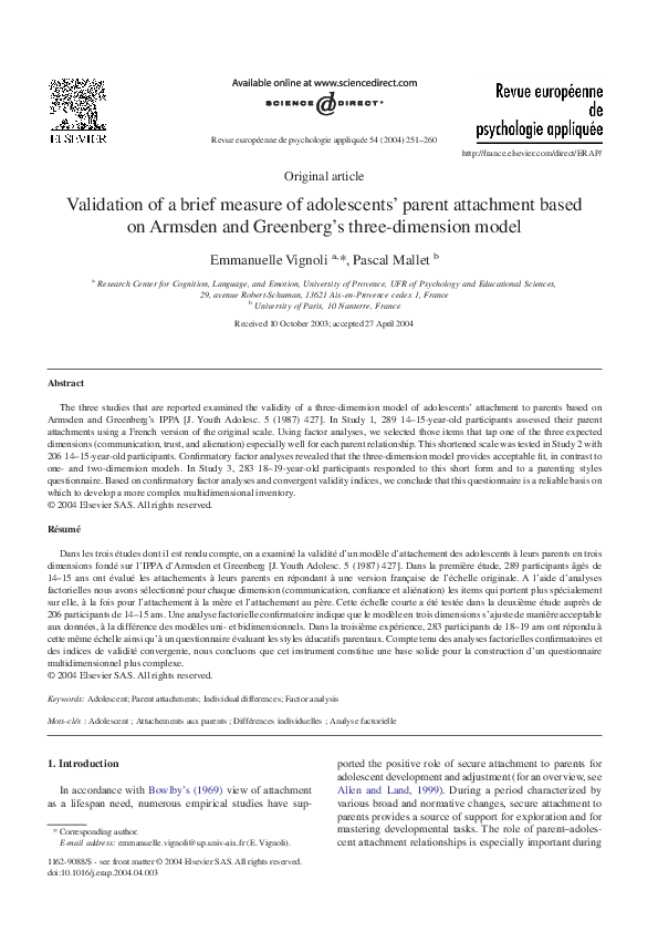 (PDF) Validation of a brief measure of adolescents’ parent attachment based on Armsden and ...