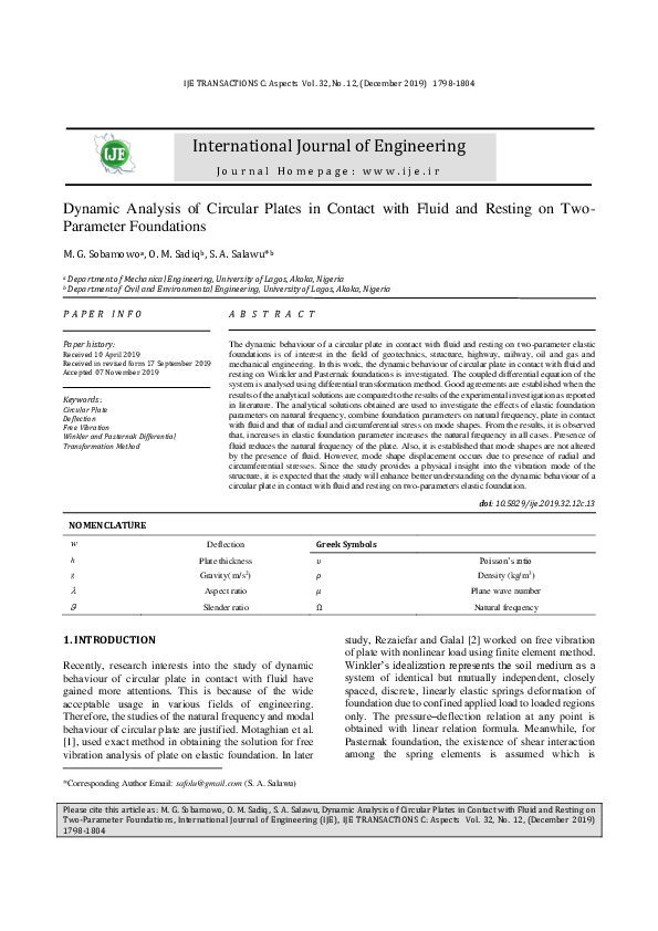 Pdf Dynamic Analysis Of Circular Plates In Contact With Fluid And Resting On Two Parameter
