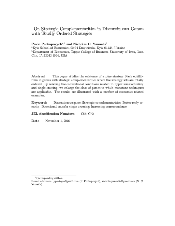 (PDF) On Strategic Complementarities in Discontinuous Games | Nicholas ...
