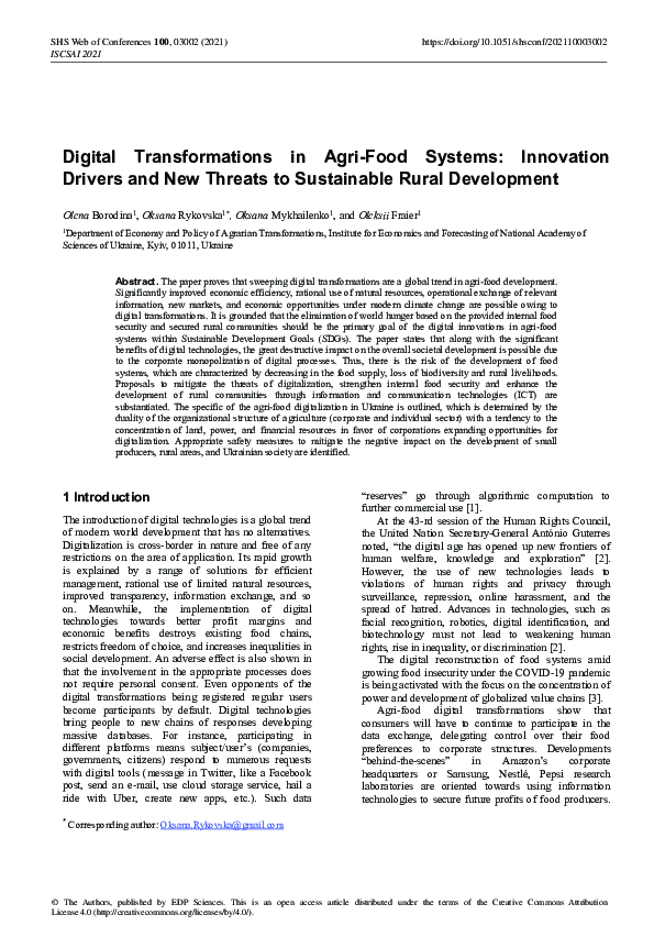 (PDF) Digital Transformations in Agri-Food Systems: Innovation Drivers ...