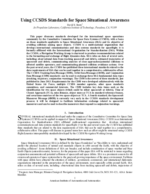 Pdf Using Ccsds Standards For Space Situational Awareness