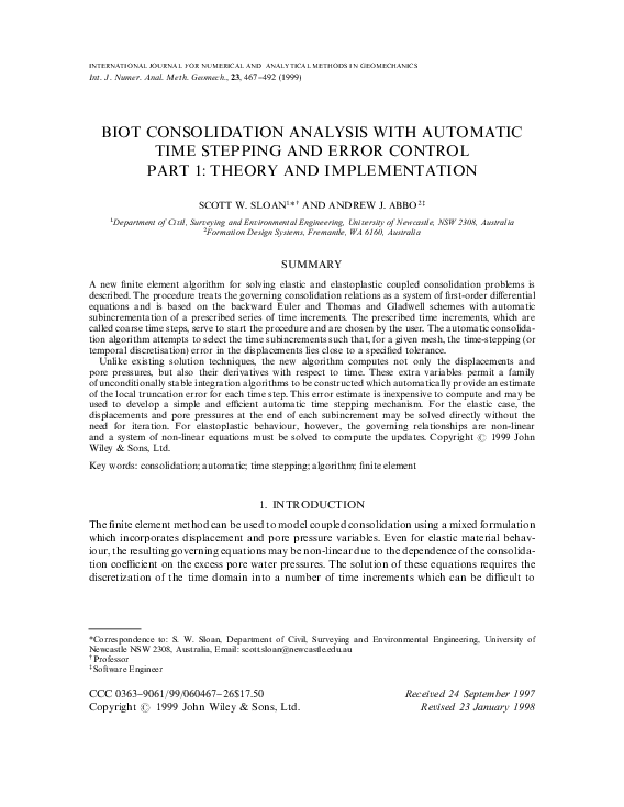 (PDF) Biot consolidation analysis with automatic time stepping and error control Part 1: theory ...