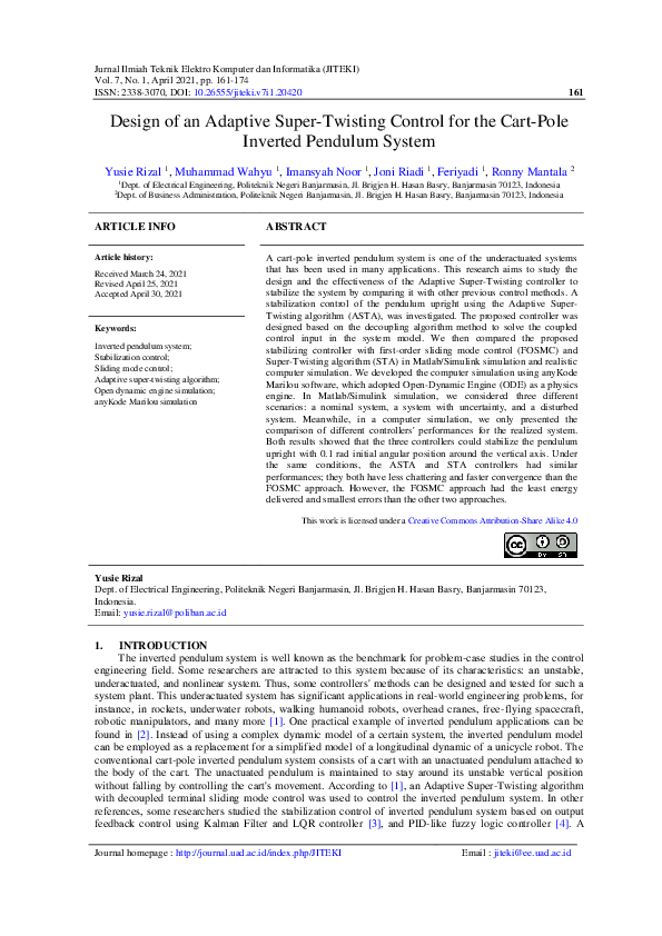 (PDF) Design of an Adaptive Super-Twisting Control for the Cart-Pole Inverted Pendulum System