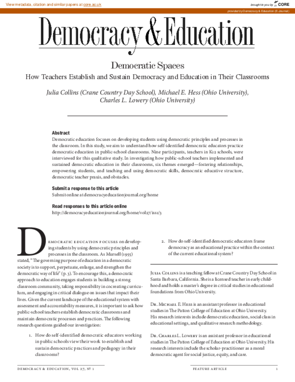 (PDF) Democratic Spaces: How Teachers Establish and Sustain Democracy ...