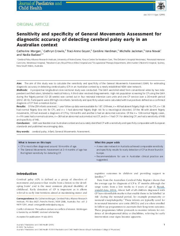 (PDF) Sensitivity and specificity of General Movements Assessment for ...