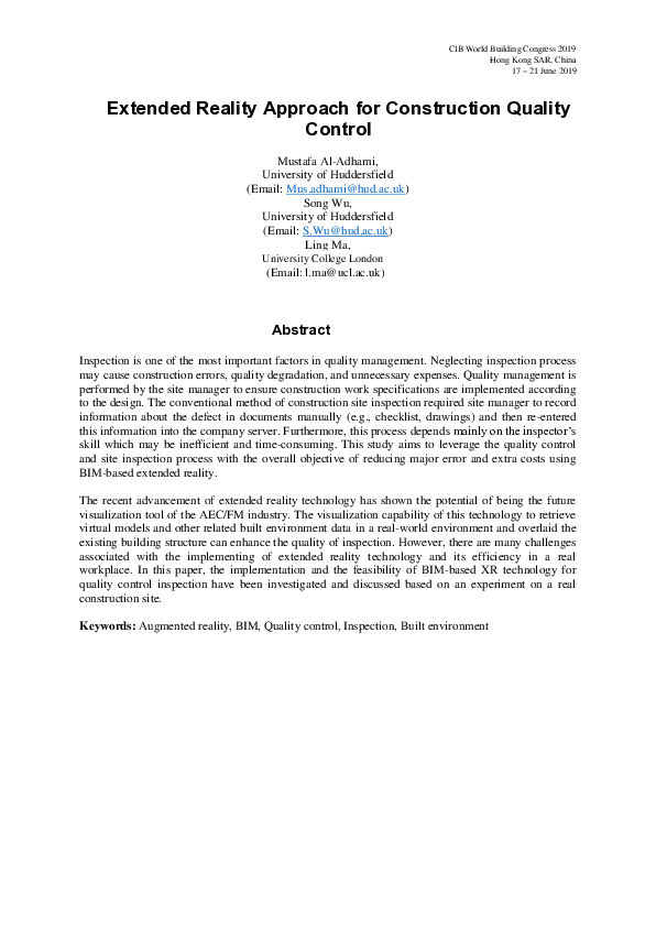 (PDF) Extended Reality Approach for Construction Quality Control