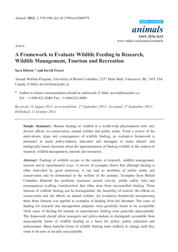 (PDF) A Framework to Evaluate Wildlife Feeding in Research, Wildlife ...