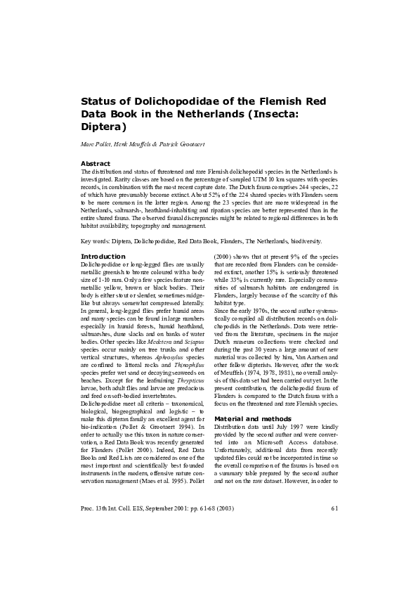 (PDF) Status of Dolichopodidae of the Flemish red data book in the ...