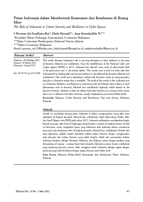 (PDF) The Role of Indonesia to Create Security and Resilience in Cyber ...