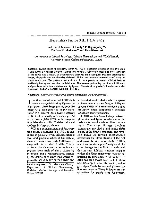 Pdf Hereditary Factor Xiii Deficiency Chellam Kirubakaran