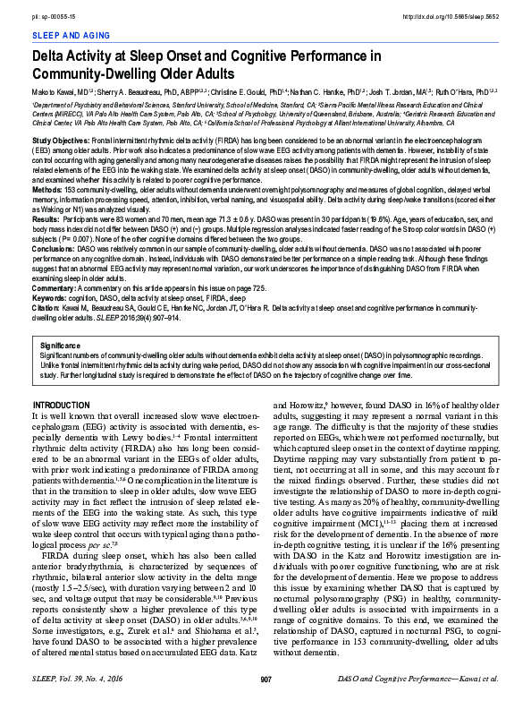 (PDF) Delta Activity at Sleep Onset and Cognitive Performance in Community-Dwelling Older Adults