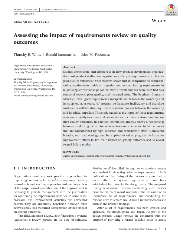 (PDF) Assessing the impact of requirements review on quality outcomes