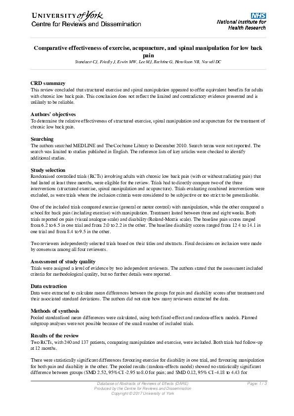 (PDF) Comparative Effectiveness of Exercise, Acupuncture, and Spinal Manipulation for Low Back Pain