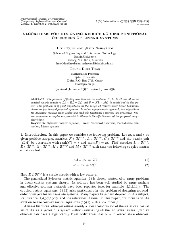 Pdf Algorithms For Designing Reduced Order Functional Observers Of